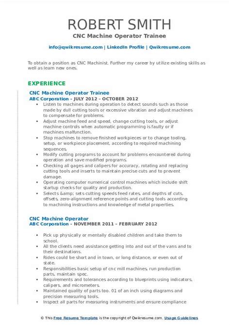 10 Cnc Machine Operator Resume Samples And Templates For 2025