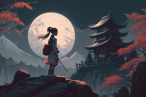 Premium Ai Image A Woman Standing On A Rock Looking At A Full Moon