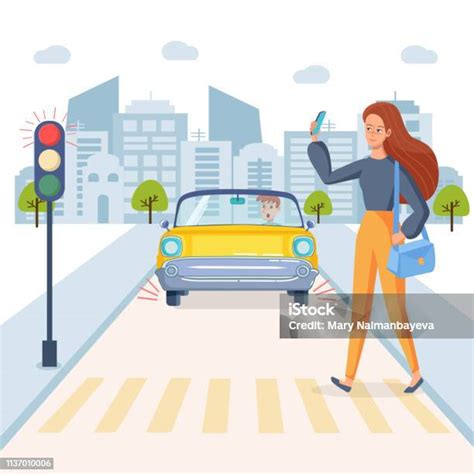 소녀는 전화를 말하고 길을 건너 신호등에는 적색 표시등이 있습니다 도로에 차에 무서 워 드라이버 도시 배경 충돌 사고에 대한 스톡 벡터 아트 및 기타 이미지 Istock