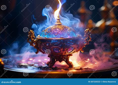 Aladdins Mysterious Lamp With Glowing Fire And Smoke On A Dark Magical Background Stock Image