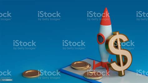 달러 기호는 텍스트와 로고를 위한 공간이 있는 파란색 배경에 동전이 있는 스마트폰에서 발사되도록 설정된 로켓에 기대어 있습니다