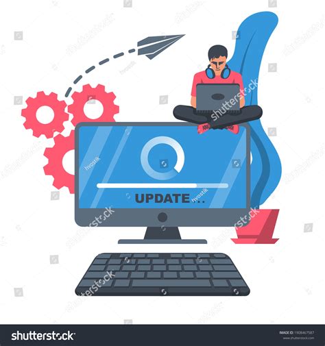 System Update Programmer Behind Computer Screen Stock Vector Royalty