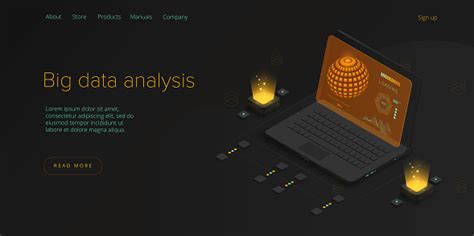 등등 벡터 일러스트레이션의 빅 데이터 기술 정보 저장 및 분석 시스템 디지털 기술 웹 사이트 방문 페이지 템플릿 소프트웨어