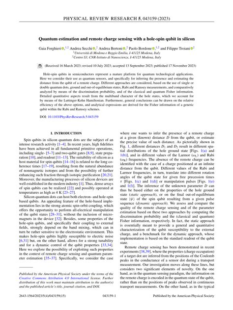 Pdf Quantum Estimation And Remote Charge Sensing With A Hole Spin