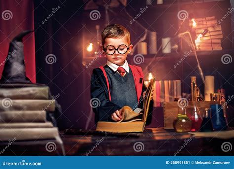 Small Wizard Reads Magic Book Cosplay Halloween Holiday Stock Image