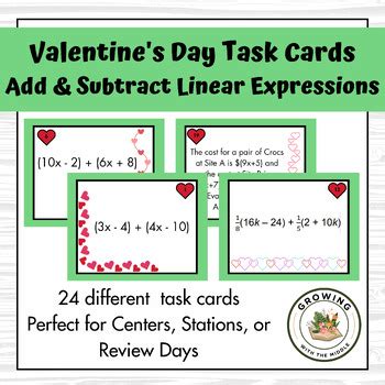 Adding Subtracting Linear Expressions Valentine S Day Task Cards Scoot
