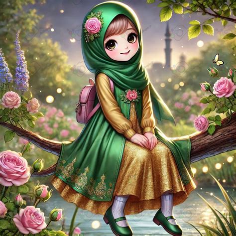 بک گراند کودکانه دختر ناز با شال سبز و پیراهن طلایی نشسته روی شاخه درخت