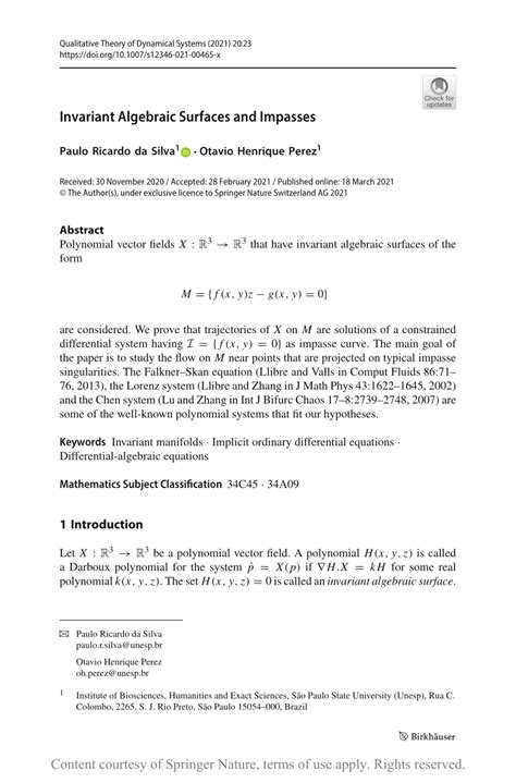 Invariant Algebraic Surfaces And Impasses Request Pdf
