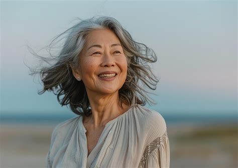 A Woman With Gray Hair Blowing In The Wind Premium Ai Generated Image