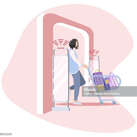 여자는 도난 방지 센서 게이트를 통과합니다 시스템이 도난을 보고합니다 보안 시스템은 바코드를 감지하고 알려줍니다 벡터