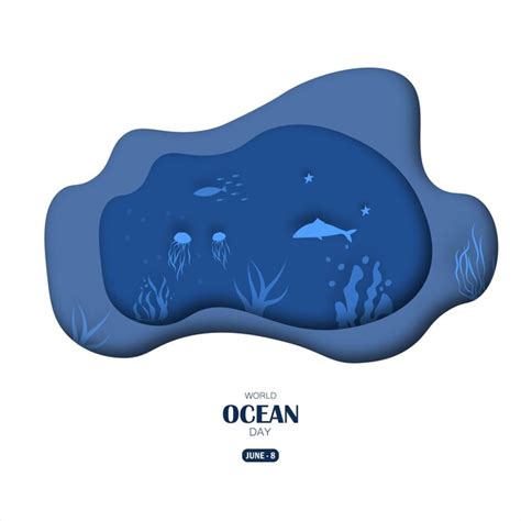종이 컷 스타일 수중 바다 전망에서 세계 바다의 날 벡터 일러스트 프리미엄 벡터