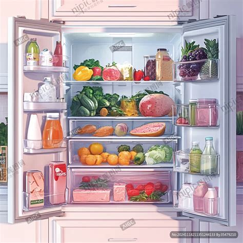 Ai创作图冰箱贴插画 冰箱内景 冰箱内 打开的冰箱 冰箱功能 食材冰箱 冰箱内部 冰箱食品 冰箱里 冰箱里的材料 冰箱保鲜 进冰箱 五一冰箱 冰箱里的水果 冰箱电器 昵图网
