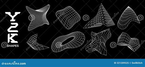 Set Of 3D Wireframe Shapes In Brutalism Style Fluid Geometric Grid