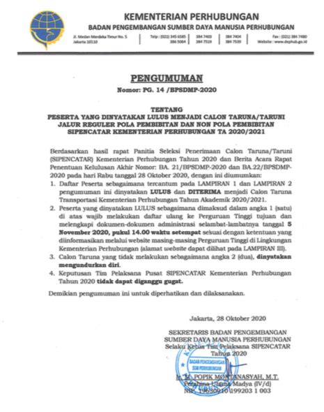 PENGUMUMAN PESERTA YANG DINYATAKAN LULUS MENJADI CALON TARUNA TARUNI JALUR REGULER POLA