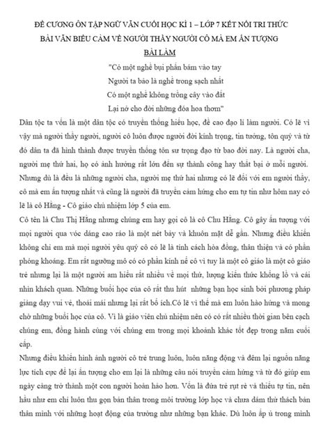 BÀi VĂn BiỂu CẢm VỀ NgƯỜi ThẦy NgƯỜi CÔ MÀ Em Ấn TƯỢng Pdf