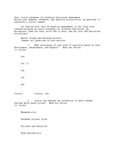 Test Oracle Database 12c Presales Specialist Assessment Review Pdf Pdf Oracle Database