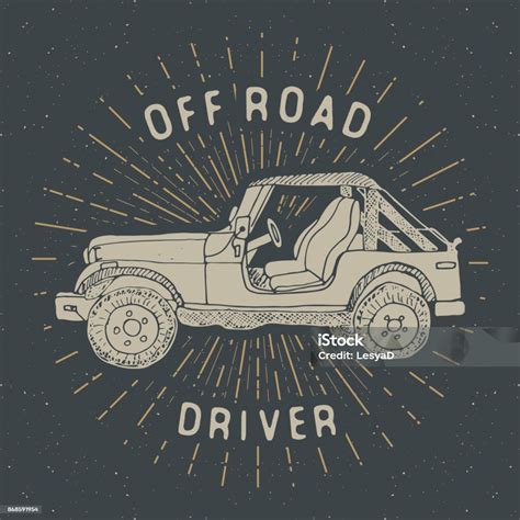 오프 로드 Suv 자동차 빈티지 라벨 손으로 그린된 스케치 그런 지 질감된 복고풍 배지 인쇄 술 디자인 T셔츠 인쇄 벡터