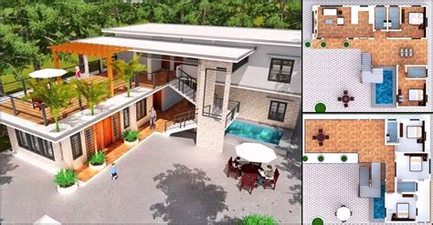 แบบบ้านสองชั้นสไตล์โมเดิร์น ดีไซน์รูปทรงตัวแอล L Shaped House 5 ห้องนอน 6 ห้องน้ำ พร้อมดาดฟ้า