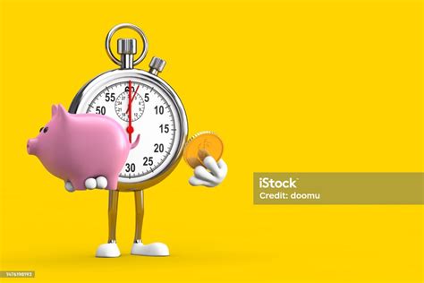 현대 스톱워치 만화 사람 캐릭터 마스코트와 돼지 저금통 황금 달러 동전 3d 렌더링 0명에 대한 스톡 사진 및 기타 이미지