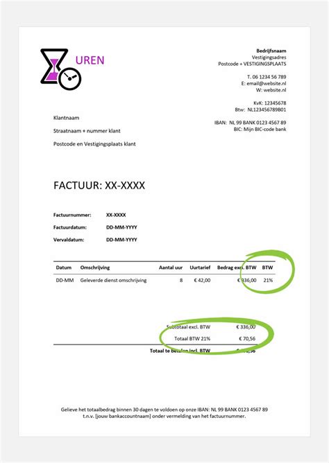 Voorbeeld Btw Tarief En Percentage Op Factuur Factuur Tips