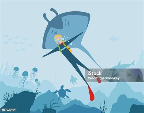 바다 동식물 벡터 만화 스타일의 수중 배경 산호초 바다 식물과 물고기 실루엣 스쿠버 다이버는 바다의 바닥을 탐험 다이빙 클럽 배너 고여 있는 물에 대한 스톡 벡터 아트 및