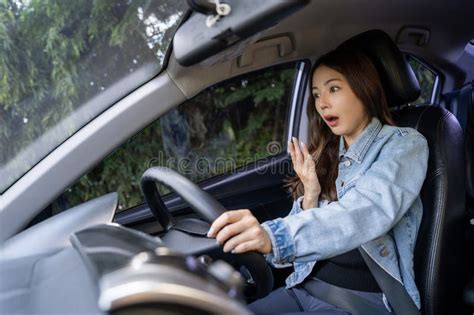 Asian Woman Shocked And Shouting While Driving On The Road She Was Involved In A Car Accident