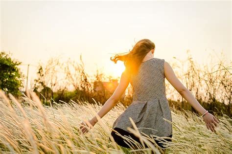 Sunset Grass Girl Nature Landscape Meadow Field Summer Clouds