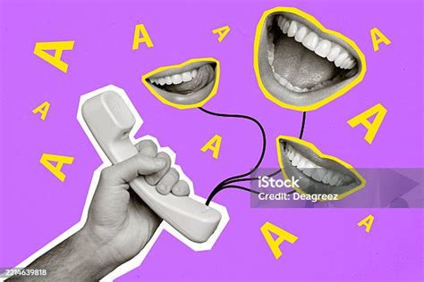 트렌드 삽화 스케치 이미지 3d 사진 콜라주 유선 전화 고객 서비스 헬프 라인 로프 나타나다 입 입술 이야기 듣다 정보 0명에 대한 스톡 사진 및 기타 이미지 Istock