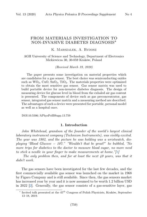 PDF From Materials Investigation To Non Invasive Diabetes Diagnosis