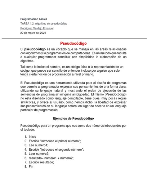 Tarea 12 Algoritmo En Pseudocódigo Pdf Algoritmos Programación
