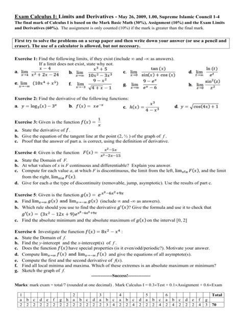 Exam Limits And Derivatives May 26 2009