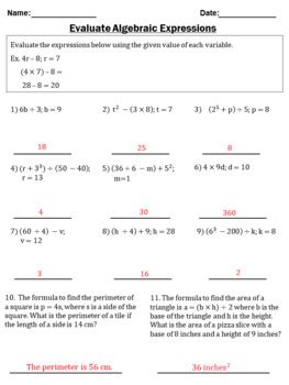Evaluating Algebraic Expressions Th Grade Algebra By Eli Burger