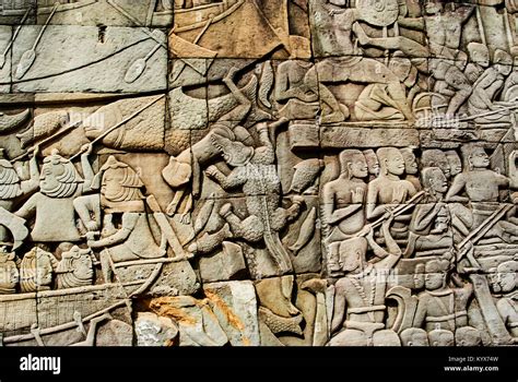 Historic Building In Angkor Wat Thom Cambodia With Devatas Carvings Stone Faces Serenity Milk