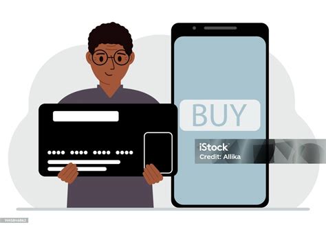 한 남자가 화면에 구매 버튼이 있는 스마트폰 옆에 거대한 신용 카드를 들고 있습니다 휴대 전화를 통한 지불을 통한 온라인 지불의 개념 금융에 대한 스톡 벡터 아트 및 기타