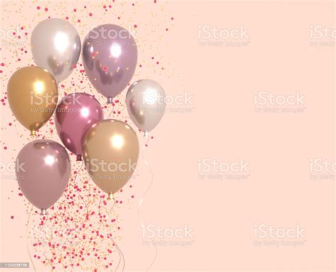 반짝 파티 배경으로 핑크와 골든 광택 풍선의 집합입니다 생일 파티 결혼식 또는 프로 모션 배너 또는 포스터에 대 한 3d 렌더링 선명 하 고 사실적인 그림입니다 거울에 대한