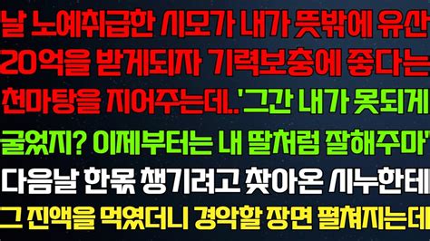 반전 신청사연 날 며느리로 인정 안하던 시모가 내가 재산 20억을 받게되자 좋은 한약을 지어주는데 시누한테 주자 대반전이라디오드라마사연실화사연의 품격썰