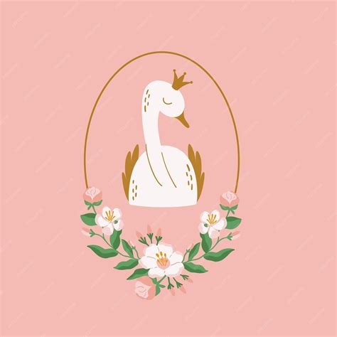 분홍색 배경에 꽃 타원형 프레임에 백조 공주 초상화 귀여운 유치 벡터 일러스트 레이 션 프리미엄 벡터