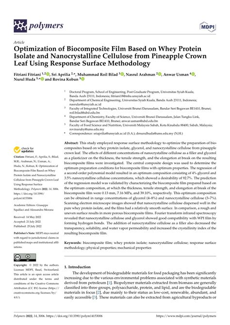 Pdf Optimization Of Biocomposite Film Based On Whey Protein Isolate And Nanocrystalline