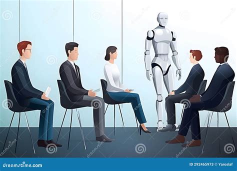 Humanoid Ai Robot Manager And People Seated On Chairs In Office Room