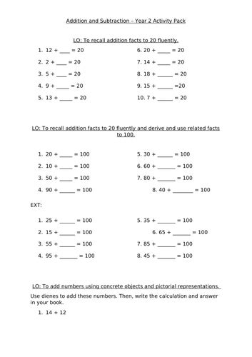 Year 2 Addition And Subtraction Fluency Question Worksheet Pack Teaching Resources