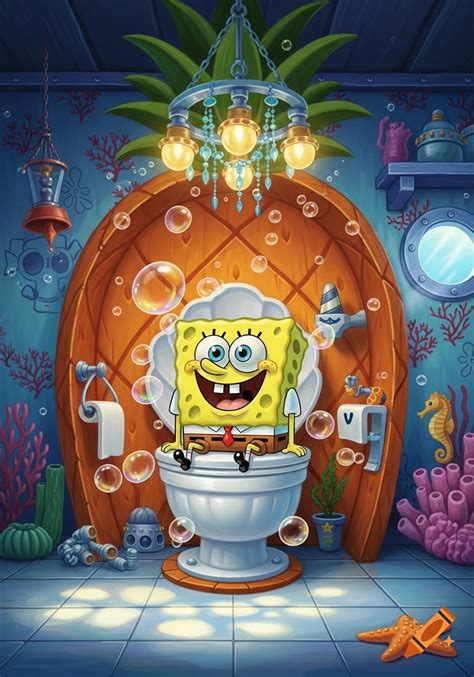 Spongebob Squarepants Sits On A Toilet In A Pineapple Themed Underwater