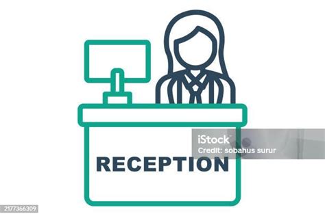 수신 아이콘입니다 선 아이콘 스타일입니다 책상을 가진 여성 수신과 관련된 아이콘입니다 호텔 요소 벡터 일러스트 레이 션 고객에
