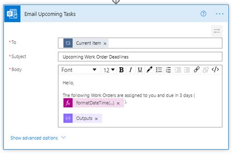 power automate solution send users an email reminder of tasks due in 3