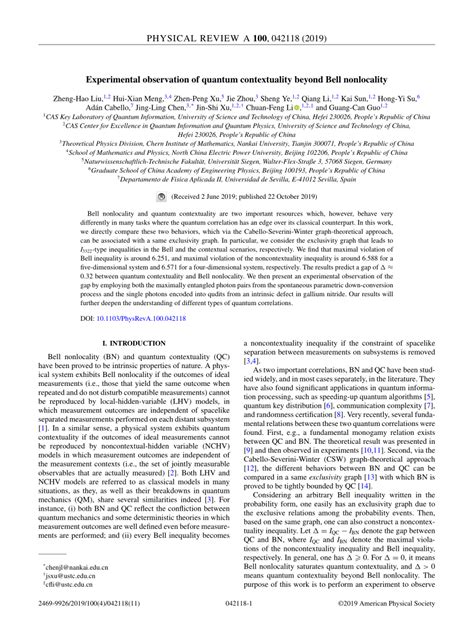 Pdf Experimental Observation Of Quantum Contextuality Beyond Bell Nonlocality