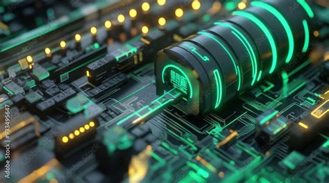 Battery With Glowing Green Lines And Digital Data Flowing Through It