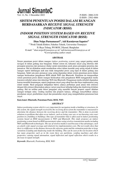 Pdf Sistem Penentuan Posisi Dalam Ruangan Berdasarkan Receive Signal Strength Indicator Rssi