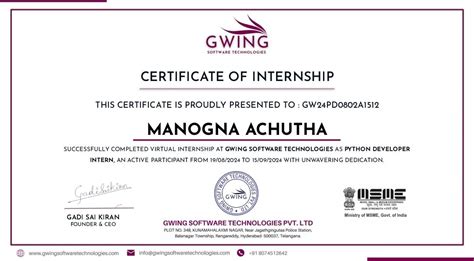 I Am Happy To Announce That I Received An Intern Certificate At Gwing Manogna Achutha