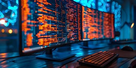 Macro View Of Glowing Binary Code On Two Computer Screens Concept
