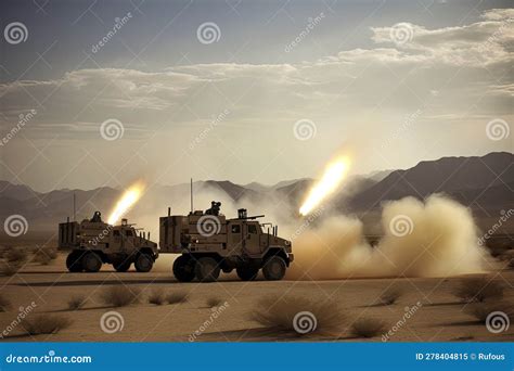 Truck Based Anti Aircraft Missile Launchers Fire In The Desert Royalty