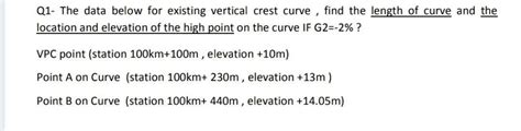 Q The Data Below For Existing Vertical Crest Curve Chegg